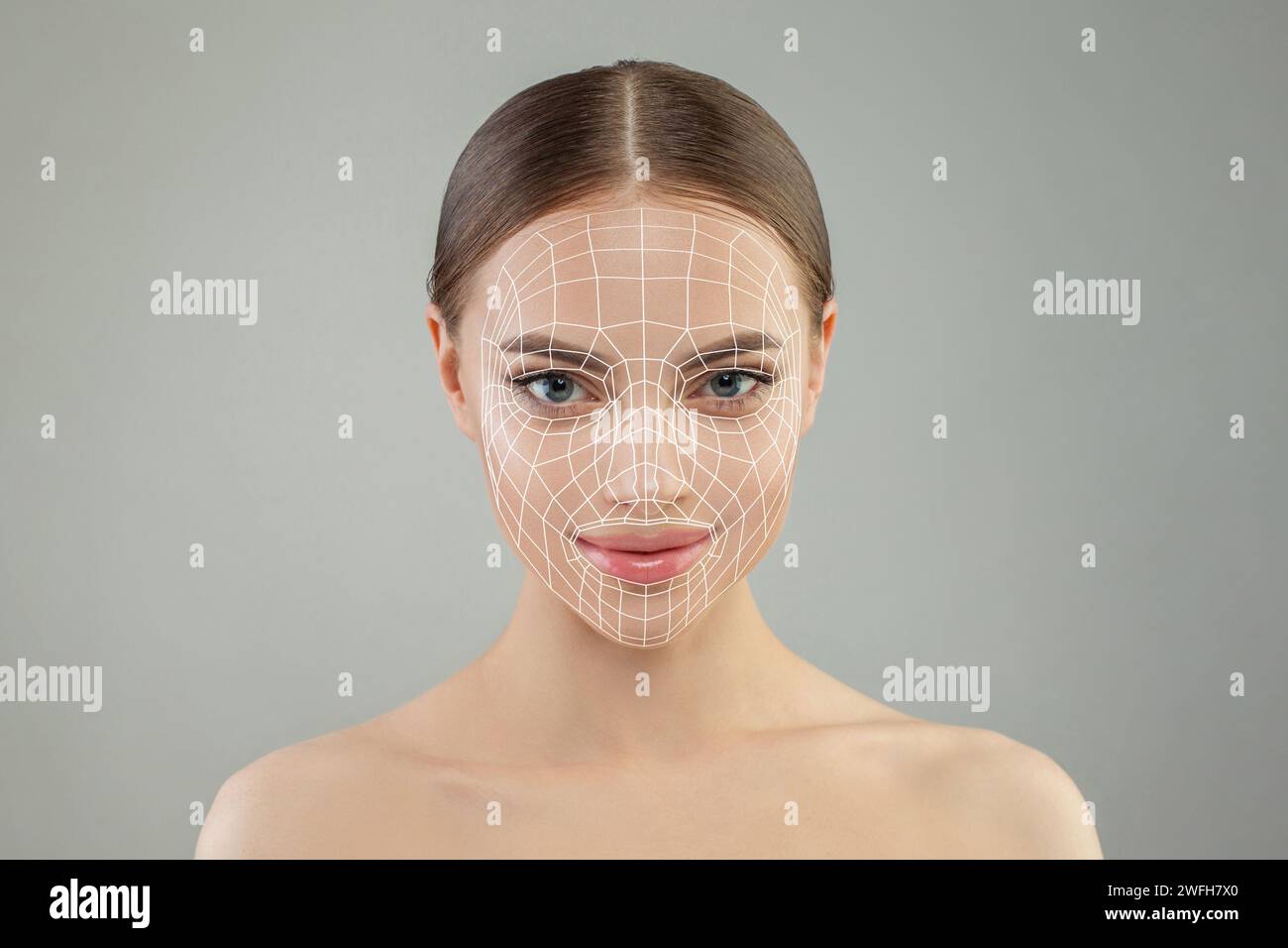 Posing woman. Face lift anti-aging lines on young female face. Graphic ...