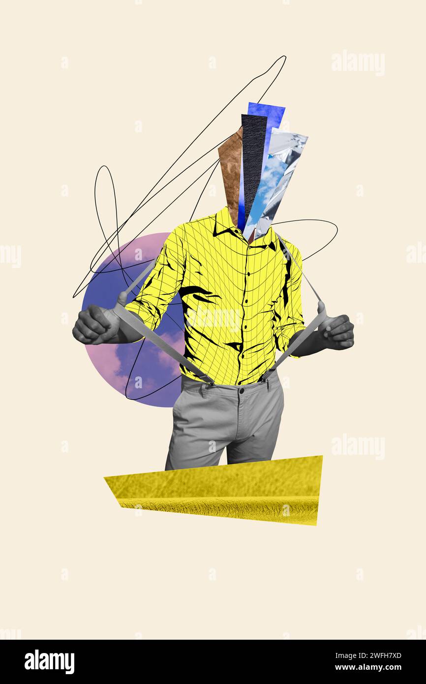 Vertical collage creative illustration black white effect headless man ...