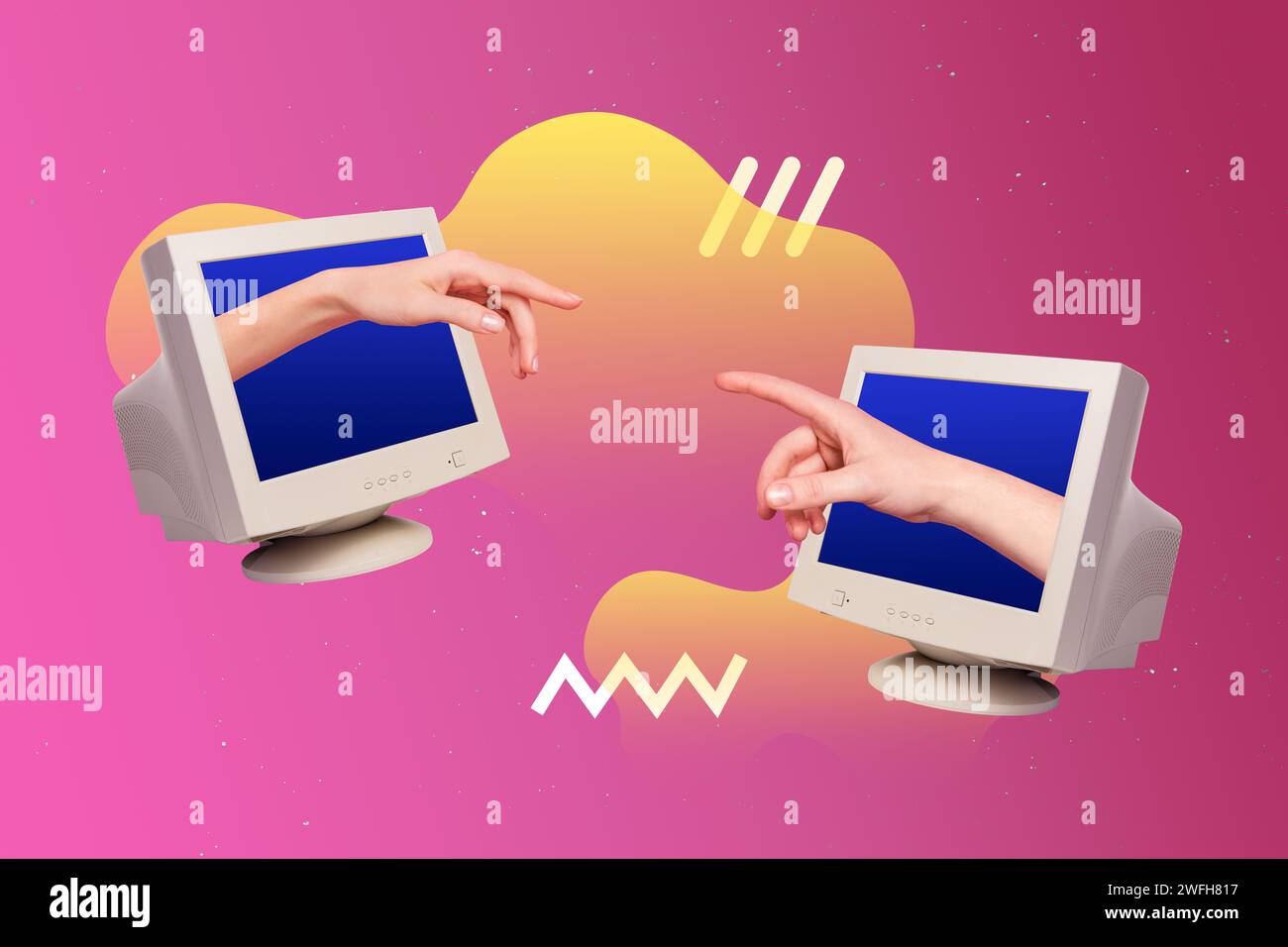 Creative collage poster image two computer pc monitors screen displays ...