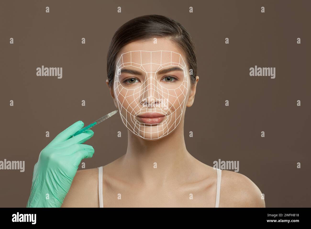 Perfect woman with arrow lines on her face for lifting skin and syringe ...