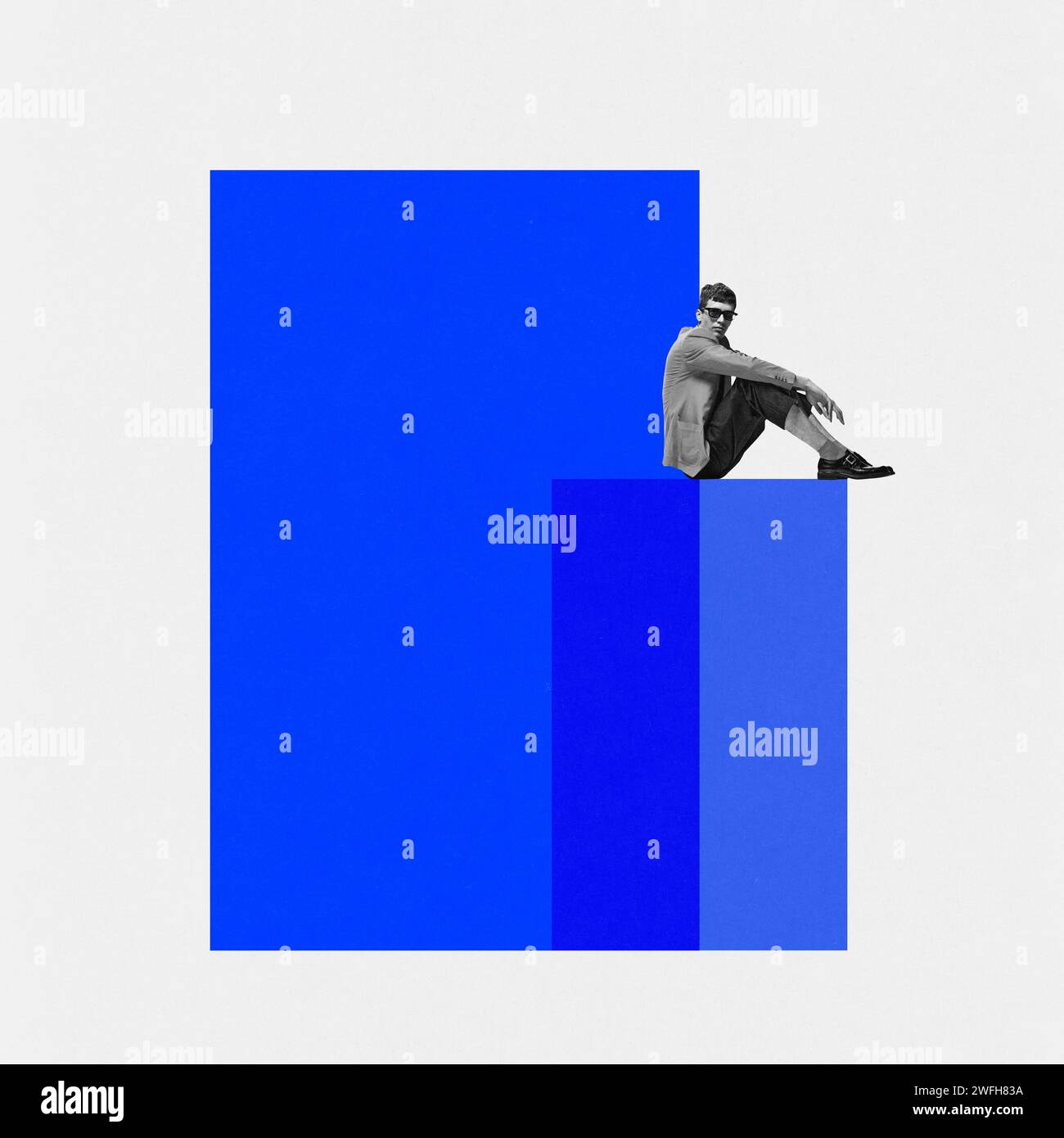 Modern aesthetic artwork. Man in monochrome filter sitting on edge of ...