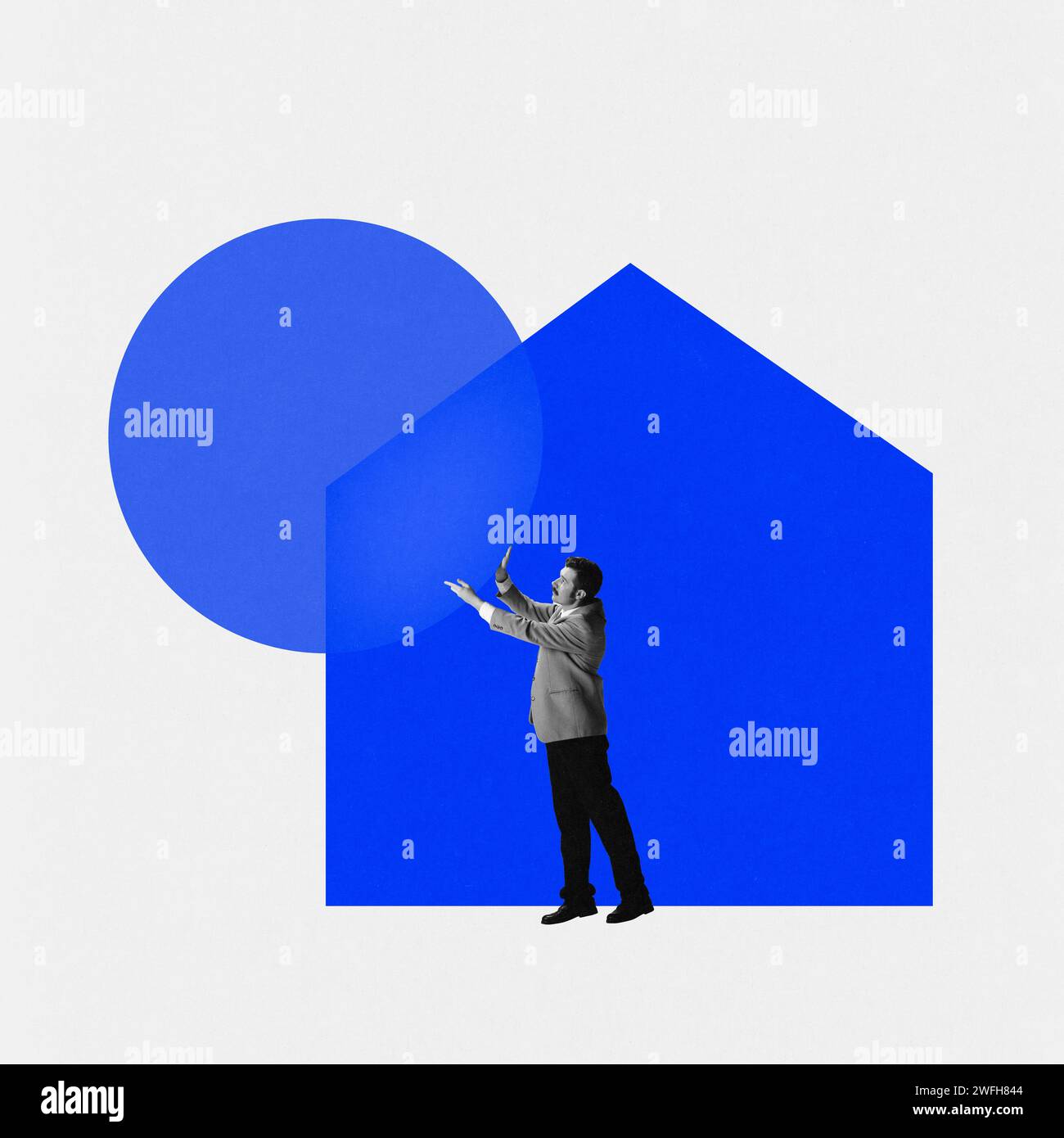 Modern aesthetic artwork. Young man, manager in black and white filter ...