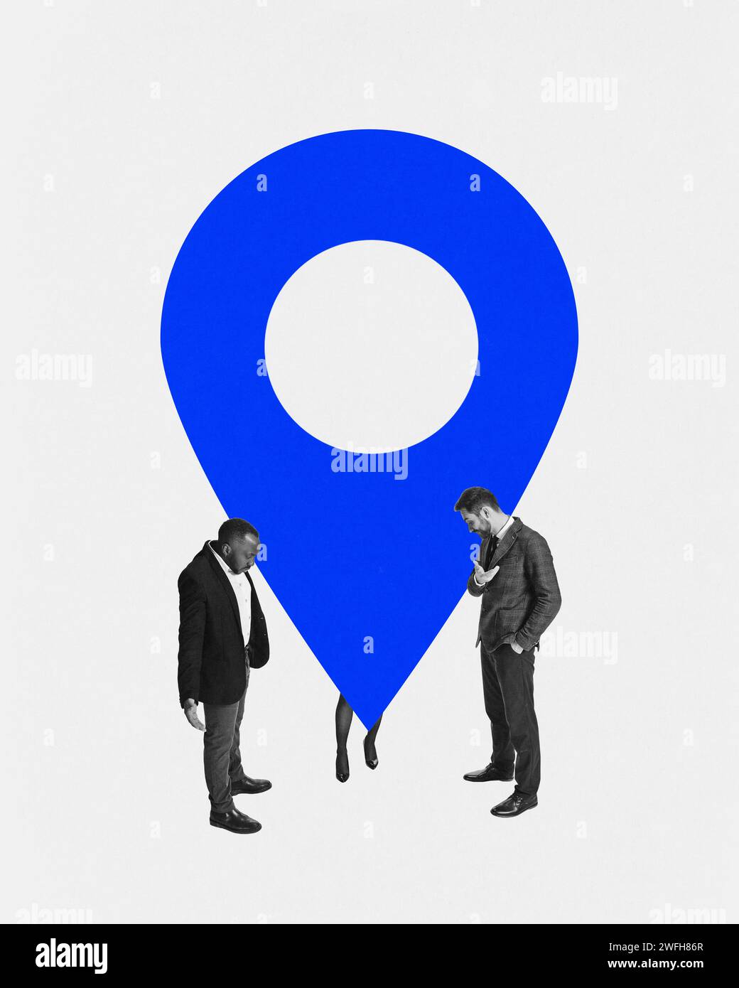 Poster. Contemporary art collage. Confusion business people stands near ...