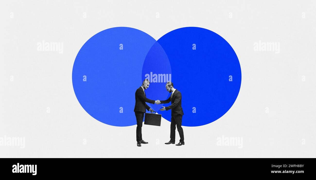Poster. Contemporary art collage. Two businessmen shaking hands in ...