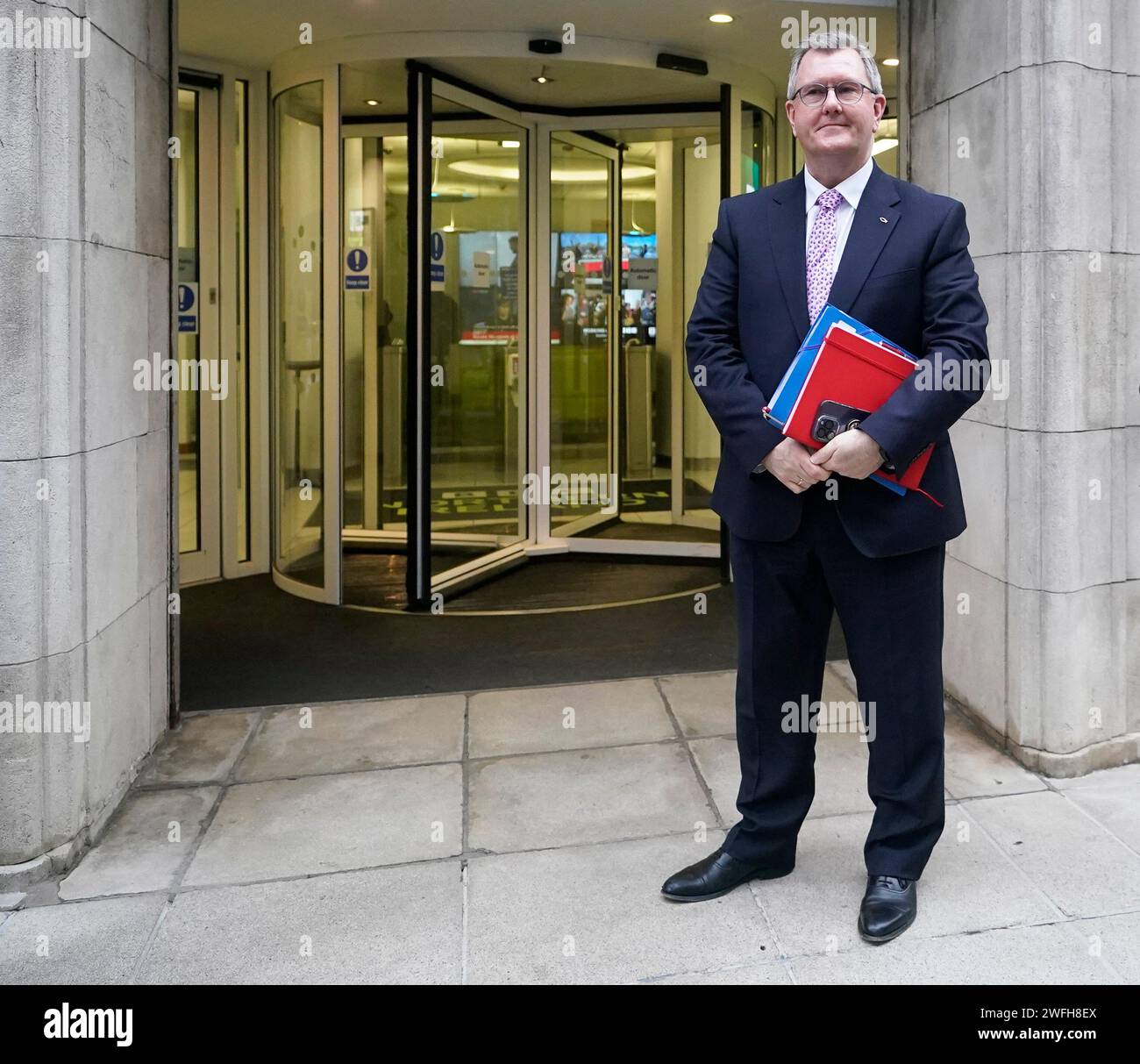 DUP leader Sir Jeffery Donaldson arriving at the BBC studios in Belfast ...