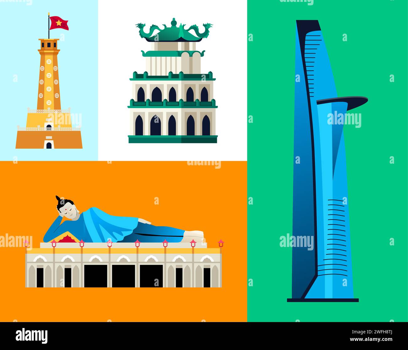 Eclectic Architecture In Vietnam Set Of Flat Design Style Colorful