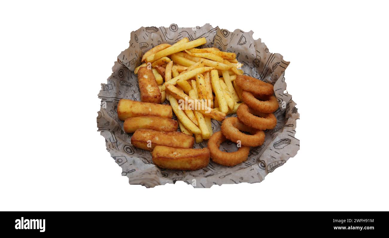 snack plate, fried cheese sticks, fries and onion rings Stock Photo - Alamy
