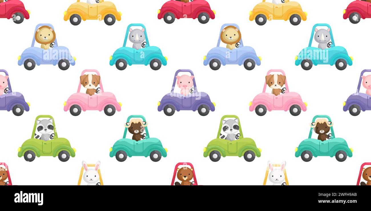 Cute little animals driven car seamless childish pattern. Funny cartoon ...