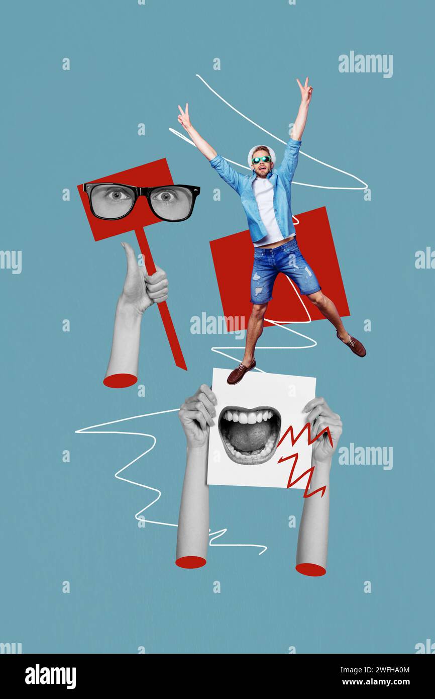 Composite collage picture image of funny man jumping summer vacation ...