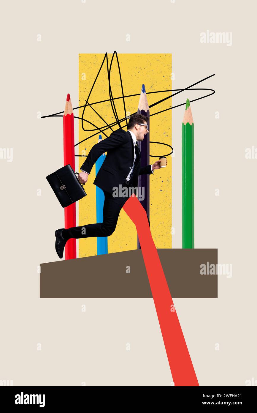 Vertical collage poster illustration hurry scream loudly young man work ...