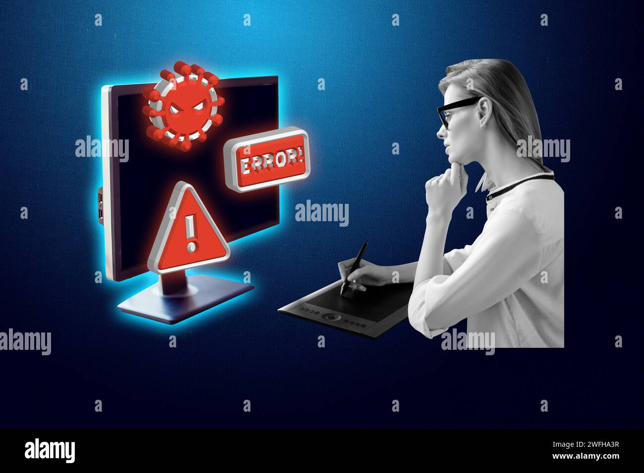 Creative Trend Collage Of Computer Monitor Fake Phishing Spam Fraud Hacker Programmer Female