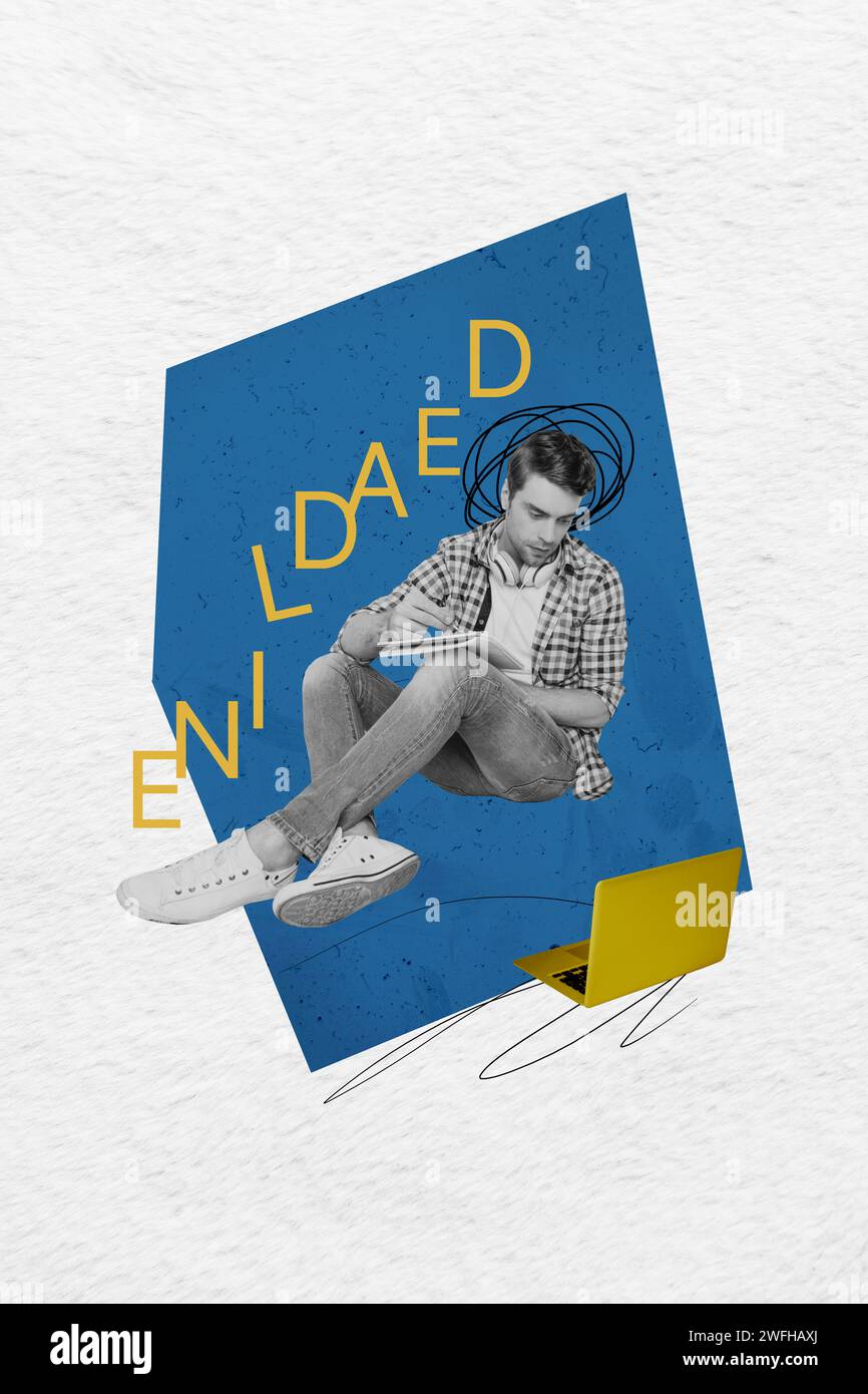 Vertical collage picture illustration monochrome effect sadness unhappy ...