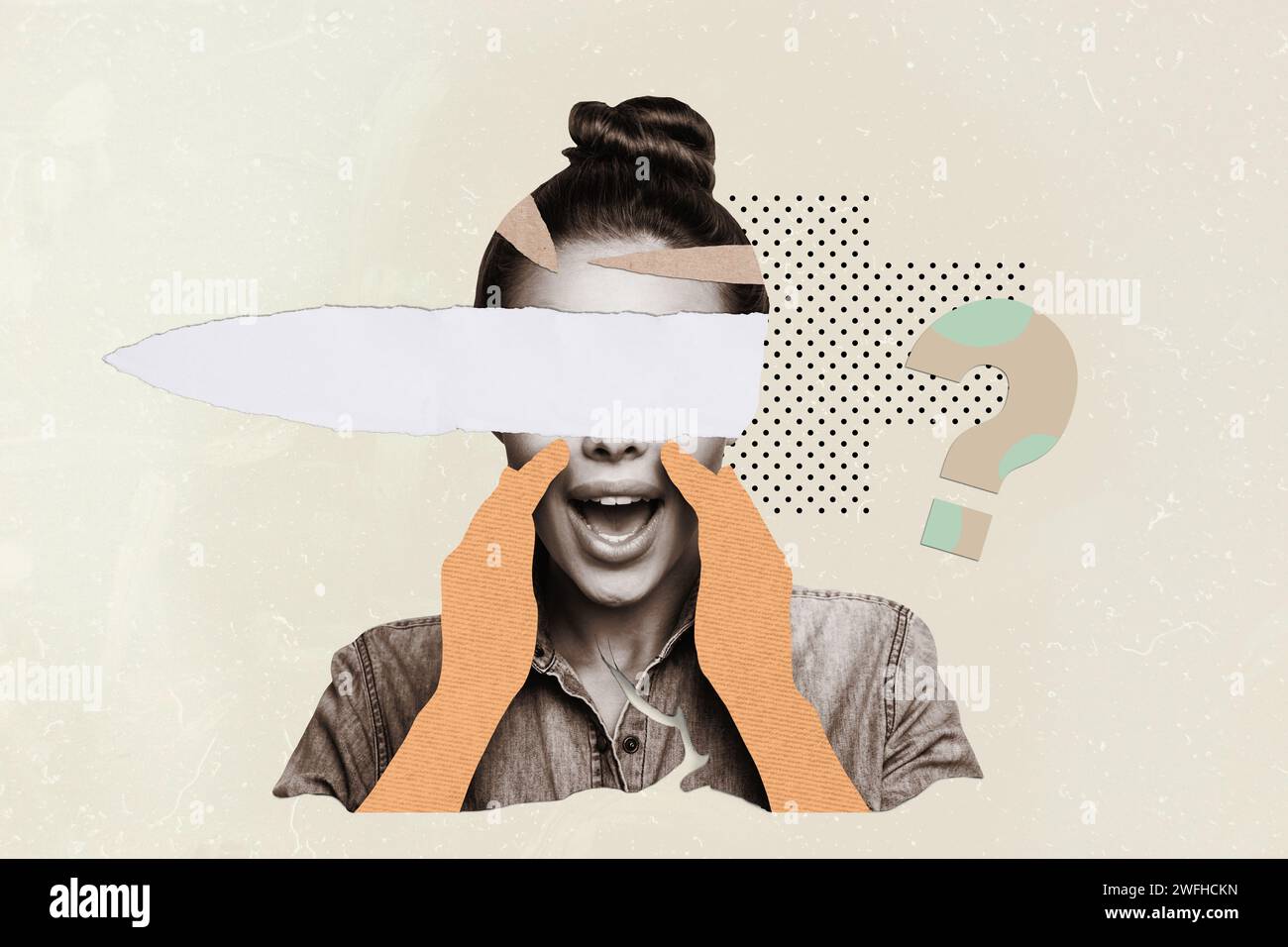 Creative strange collage of woman with blank face eyes hold hands near ...