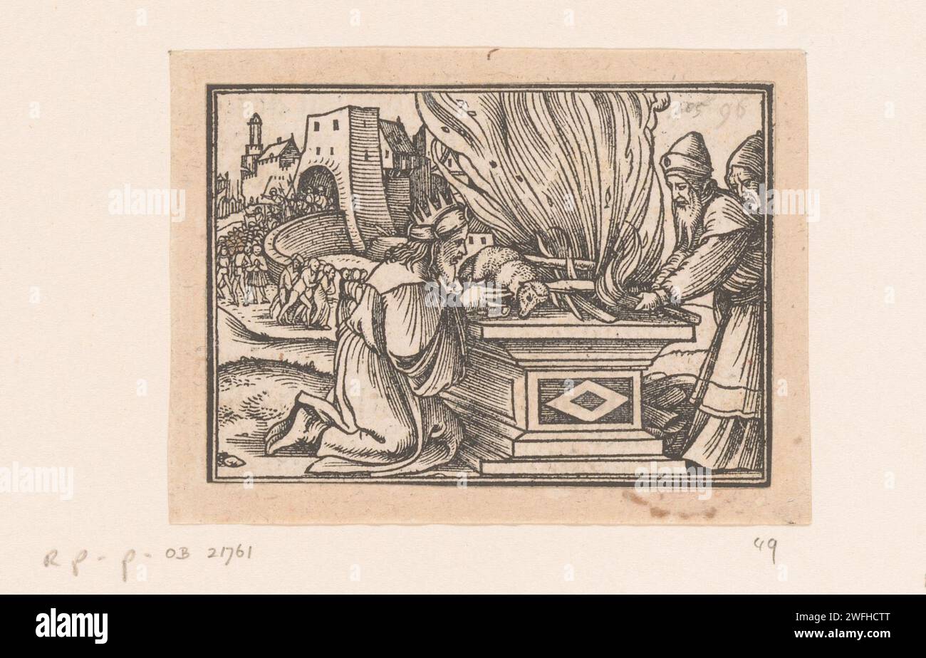 Pagan sacrifice of King Achaz, Anonymous, Hans Holbein (II), 1552 print ...