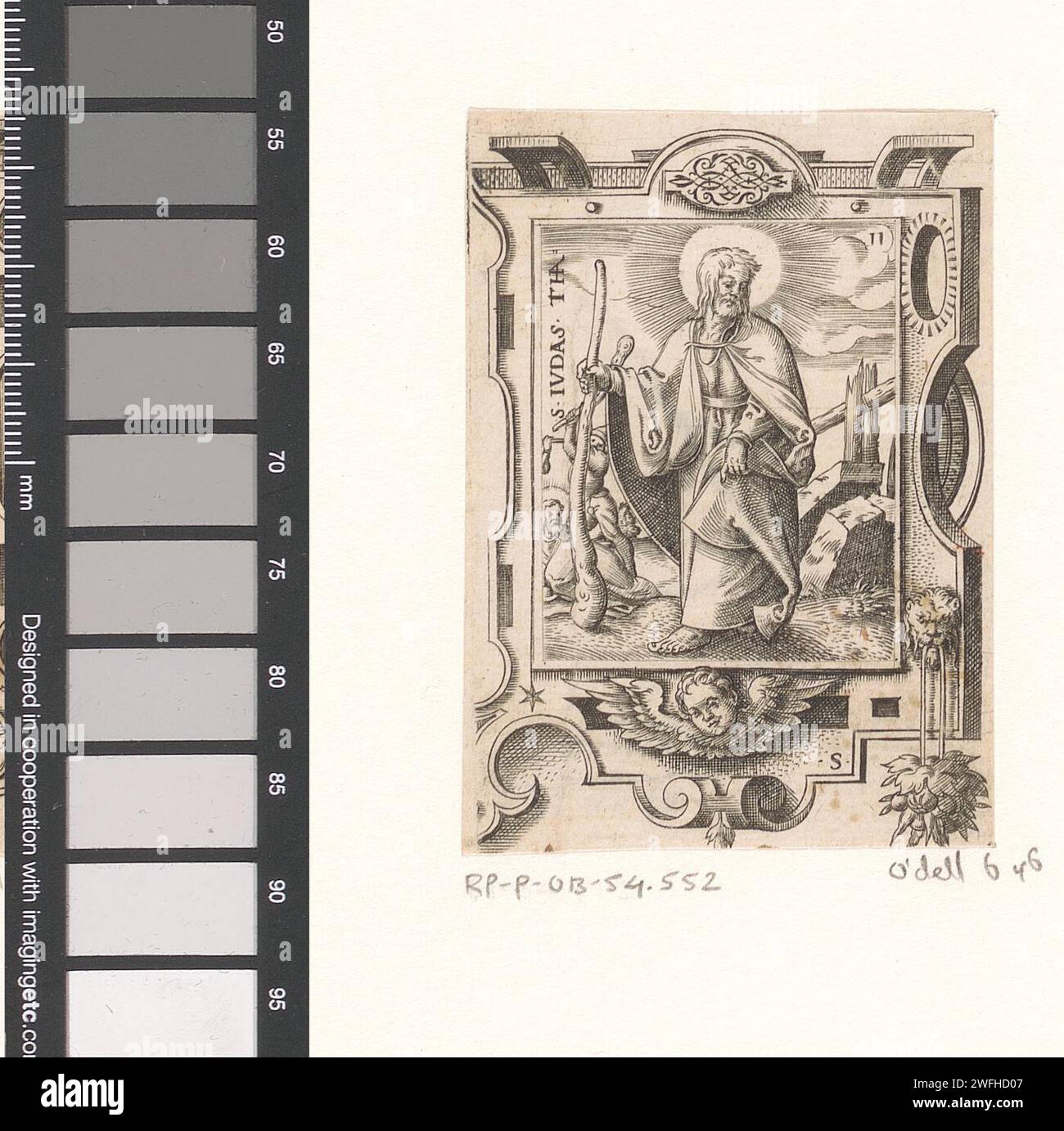 Holy Judas Taddeus in a roll work Framing, Virgilius Solis, 1568 print ...