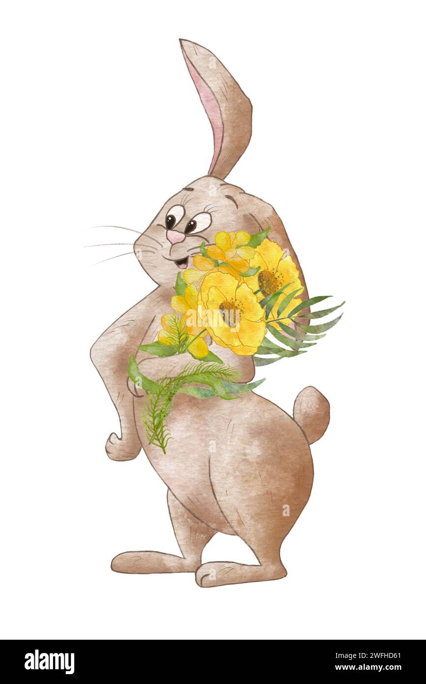 Rabbit. Eared cheerful rabbit with a bouquet of yellow flowers ...