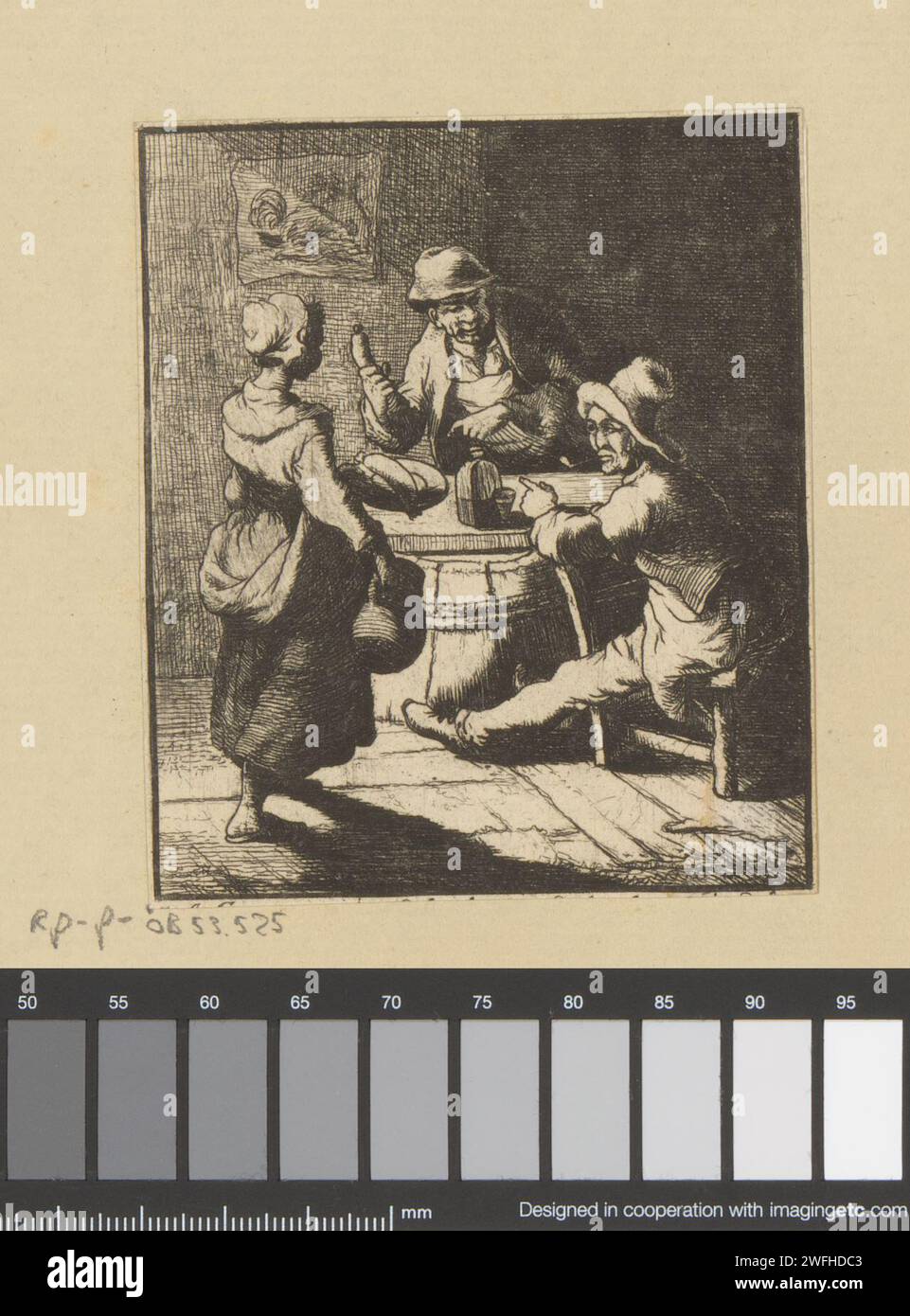 Two men at the table, a woman wears sausage and drink, Johann Andreas ...