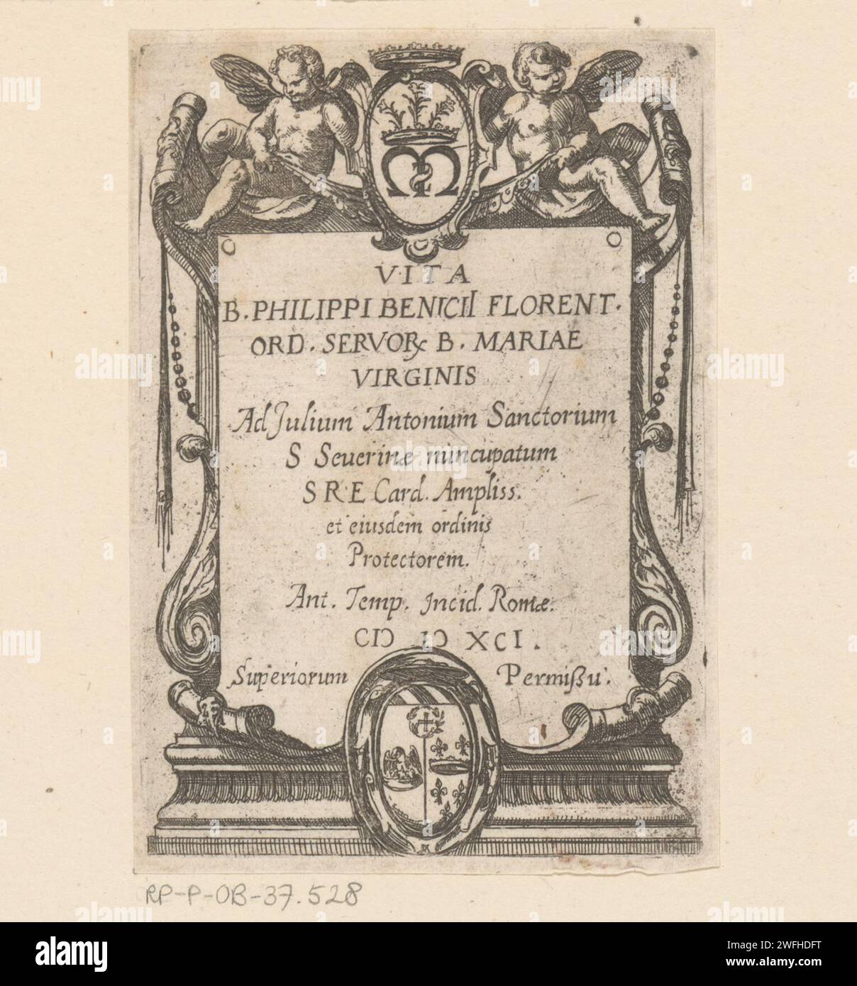 Title print with cartouche with putti and two coats of arms, Antonio ...