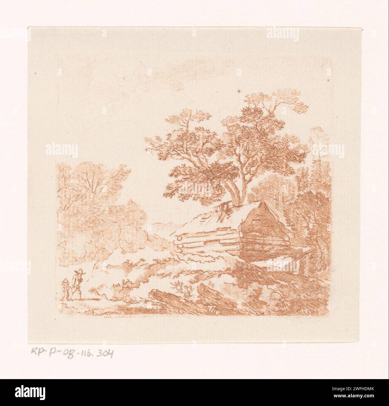 Landscape with log cabin and two hikers, Carl Friedrich Holtzmann ...
