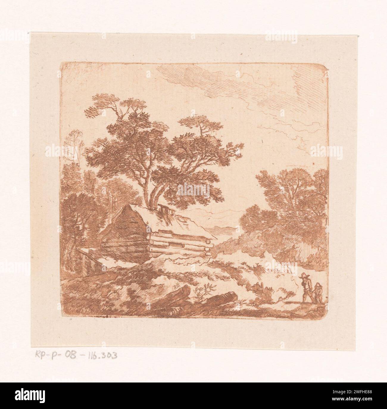 Landscape with log cabin and two hikers, Carl Friedrich Holtzmann ...