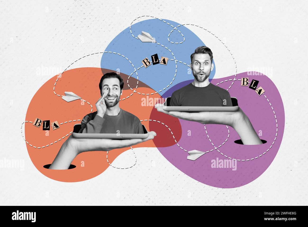 Horizontal funny surreal photo collage of big hands hold phones with ...