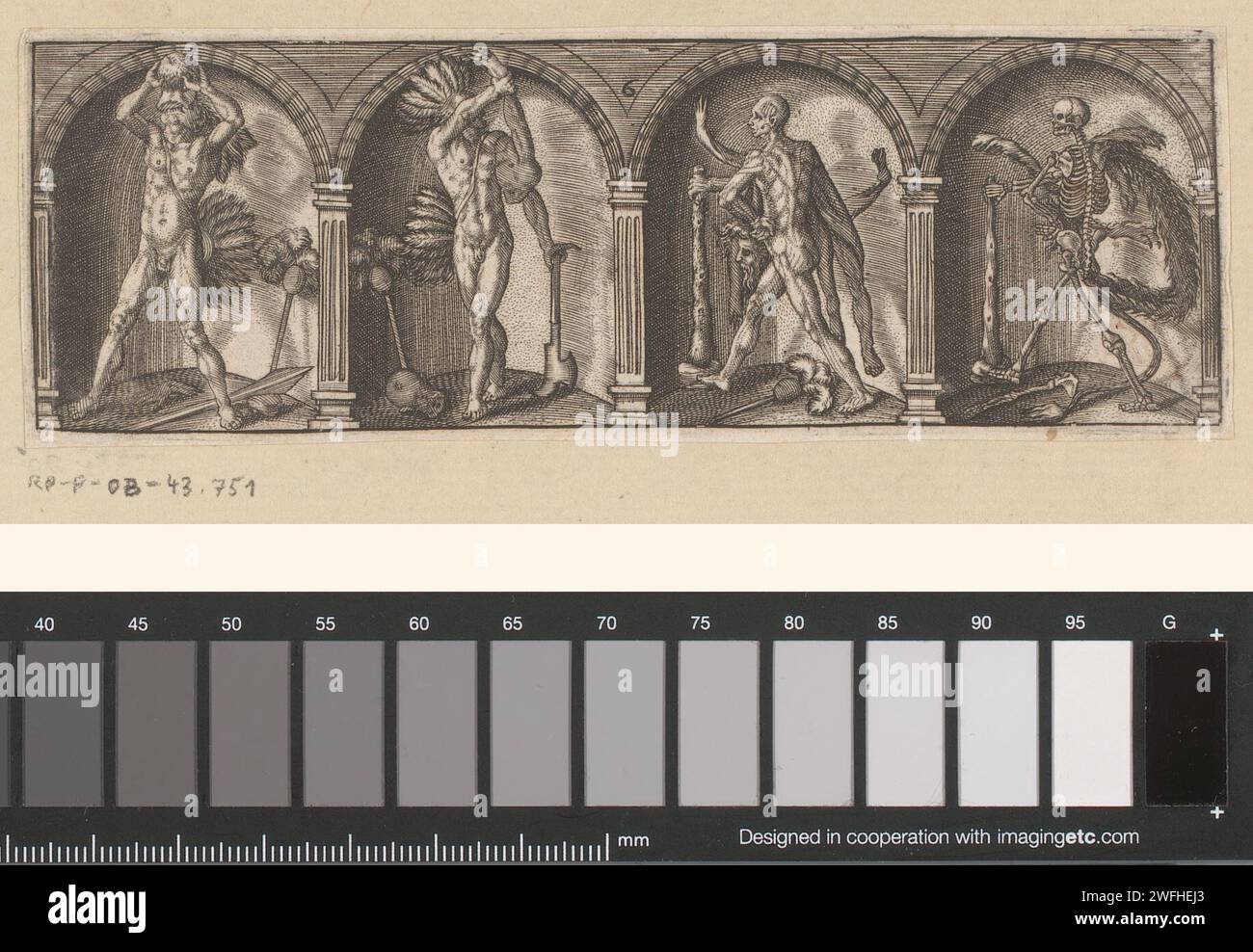 Four figures in niches, each in a different stage of decomposition ...