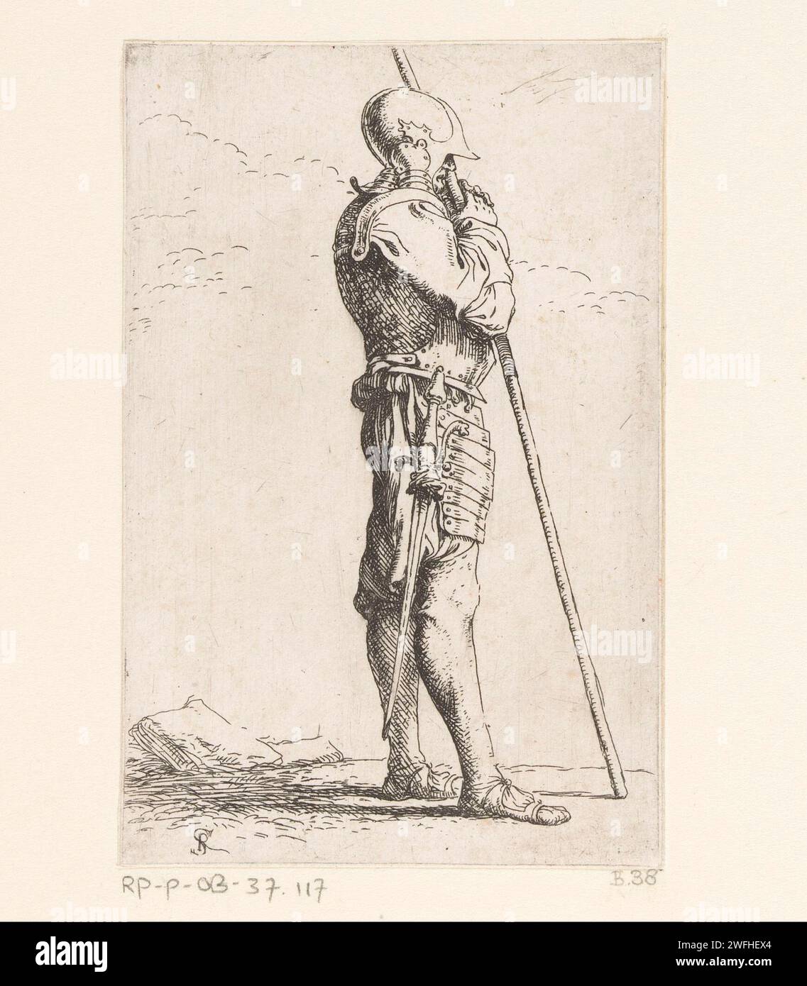Soldier with a stick, Salvator Rosa, c. 1656 - c. 1657 print A standing ...