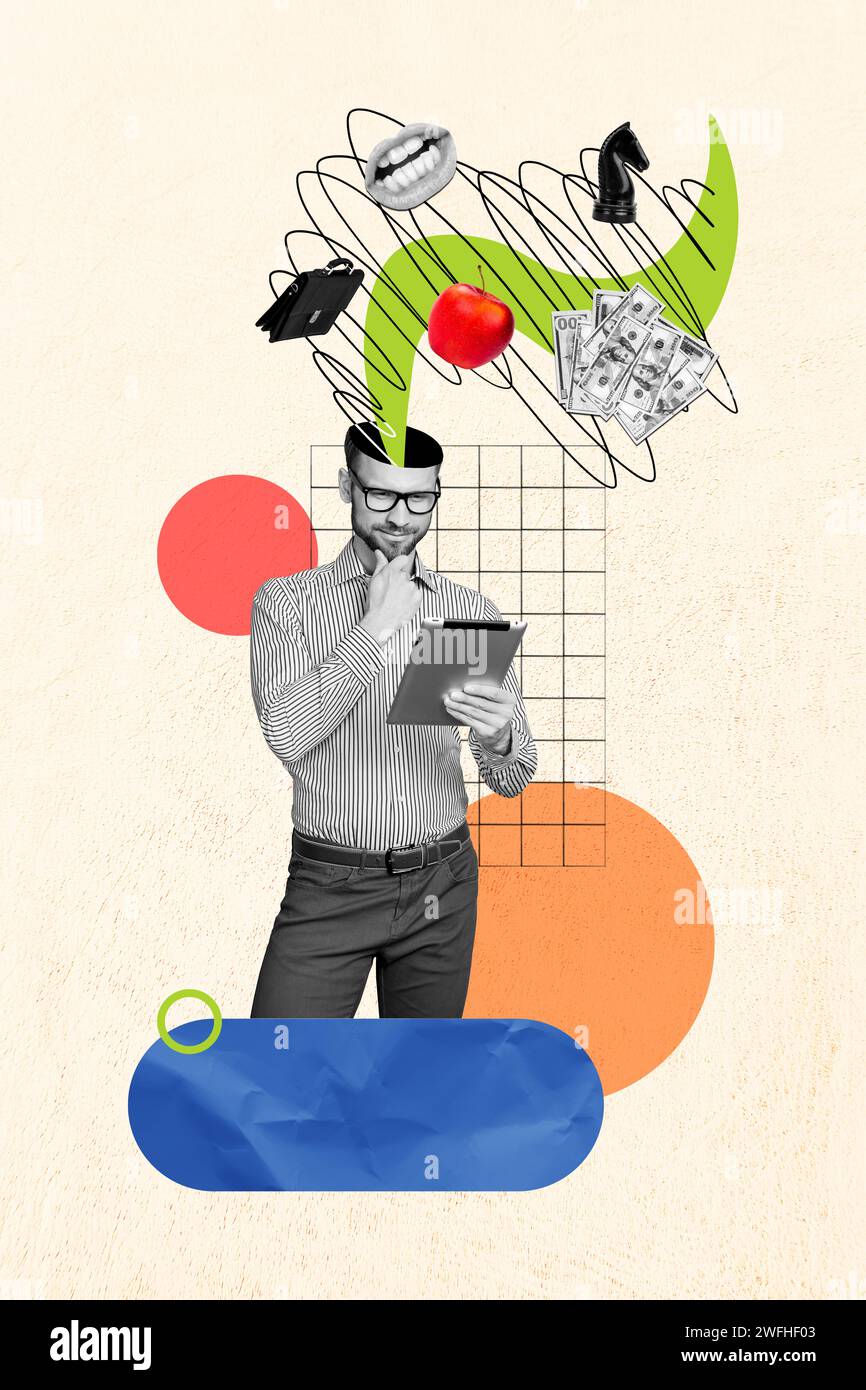 Vertical collage picture standing dreamy man thinking weird things ...