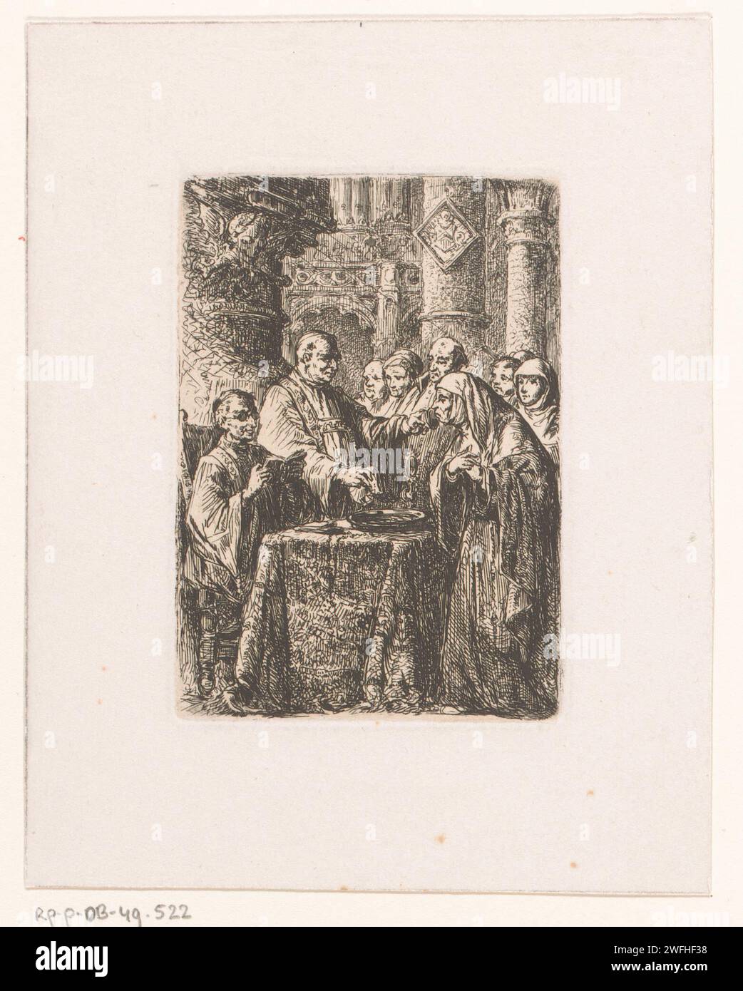 Church interior with clergy around a table with relic, Henri François ...