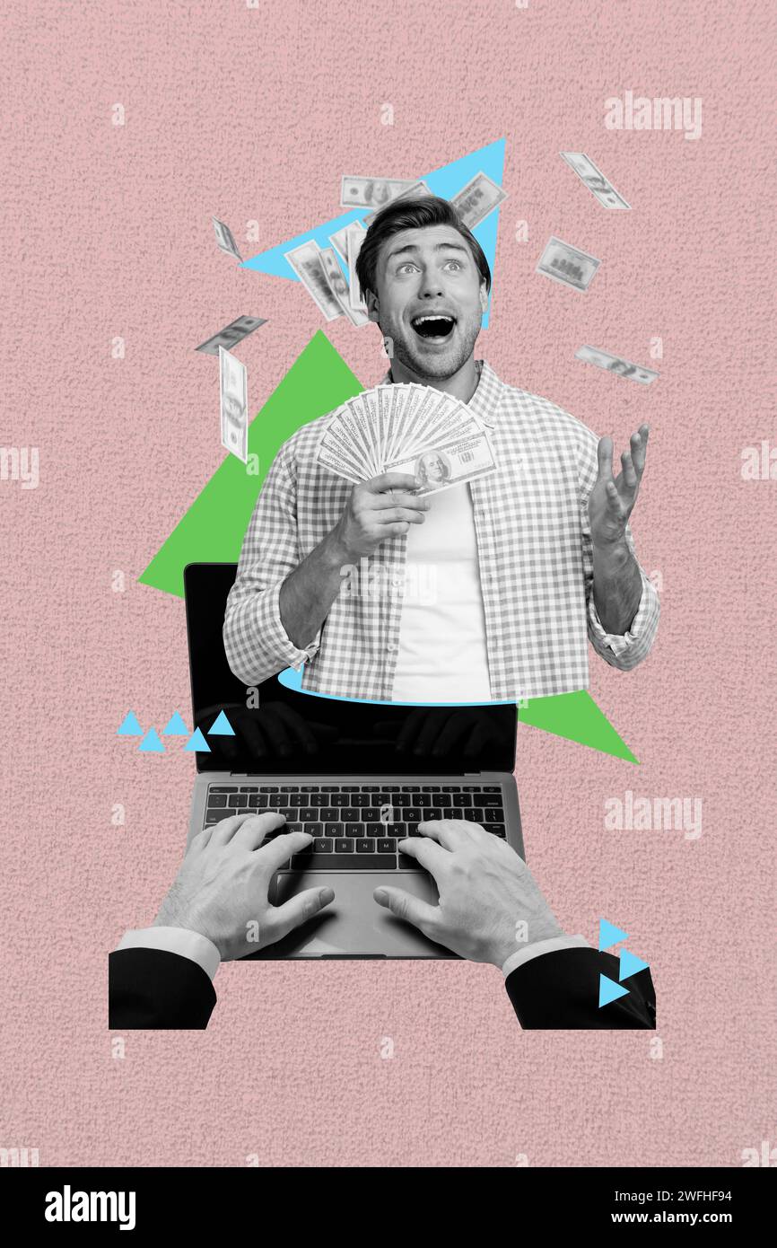 Vertical creative collage image of funny man savings economist money ...