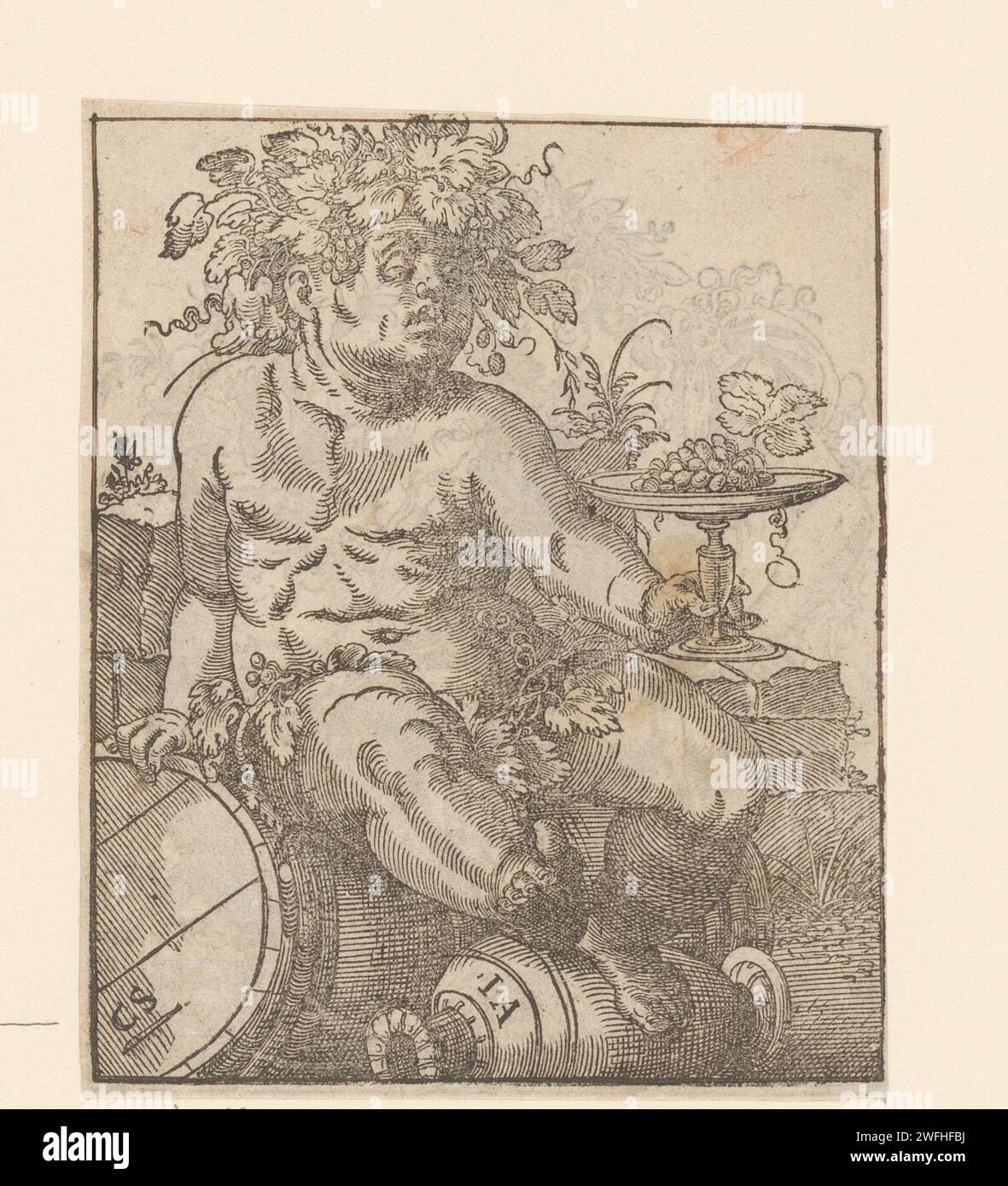 Bacchus on a wine barrel, Christoph Stimmer, Jost Amman, 1580 print ...
