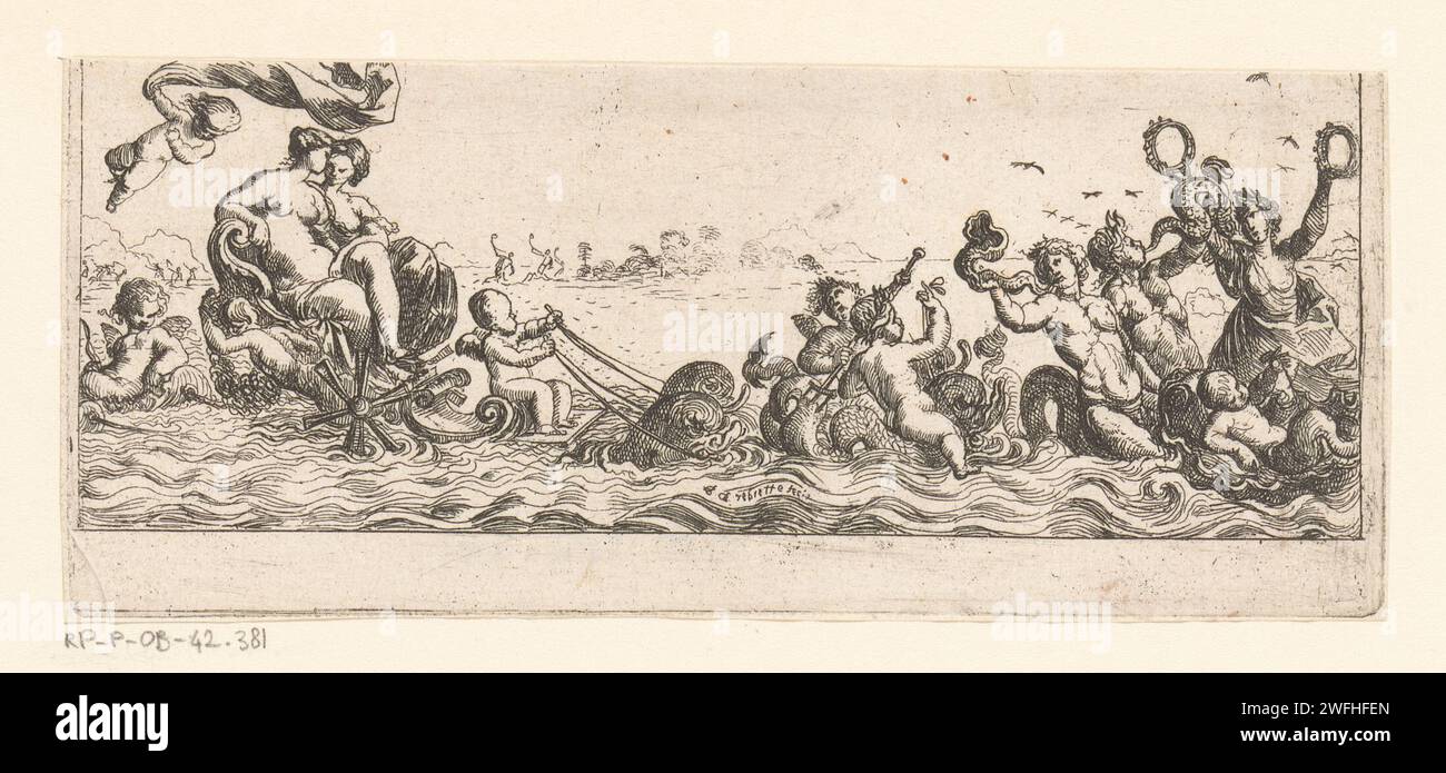 Sea goddesses pulled on a vessel, Pierre Brebiette, 1608 - 1650 print ...