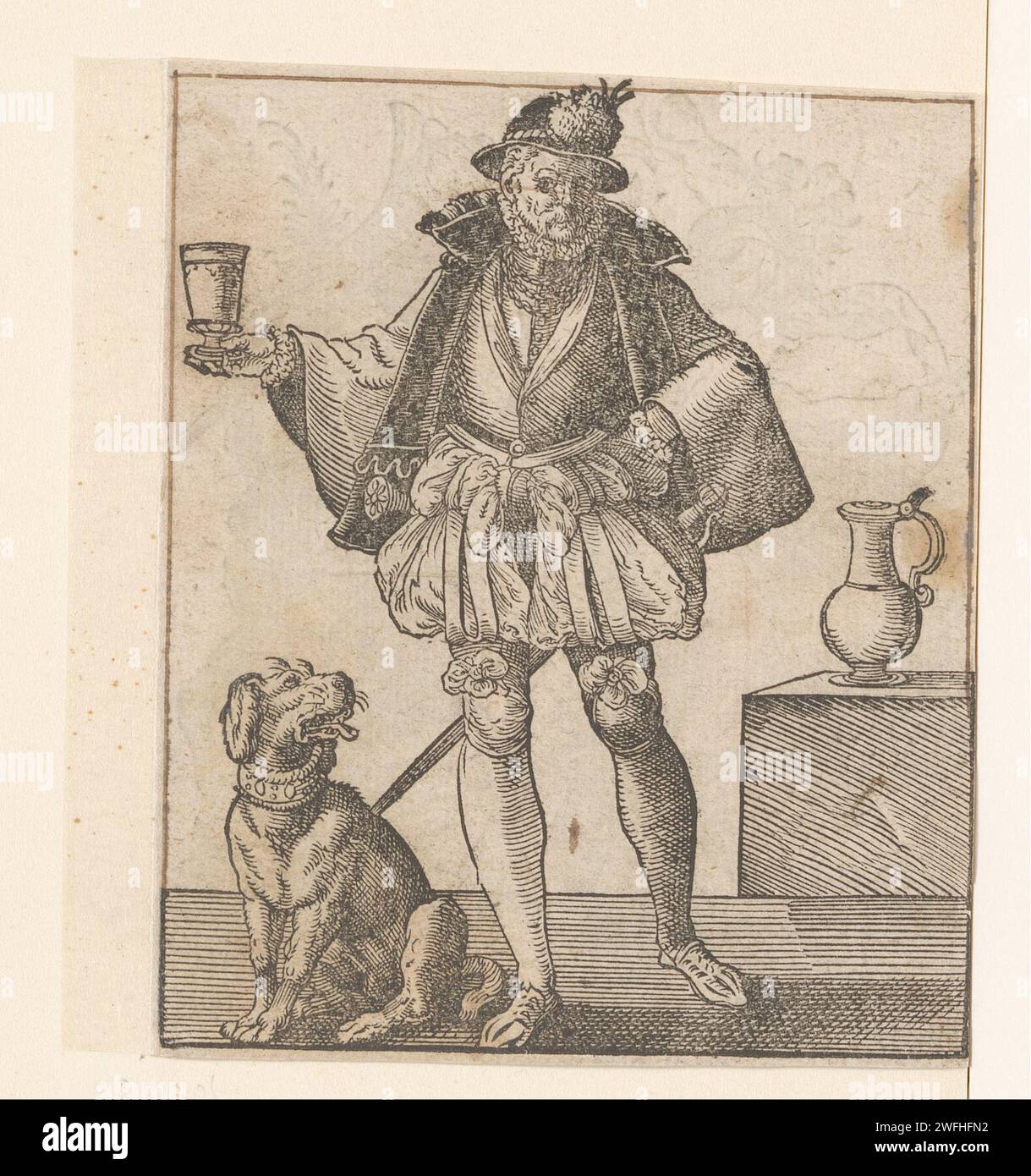 Man with a glass and a sitting dog, Anonymous, Jost Amman, 1580 print ...
