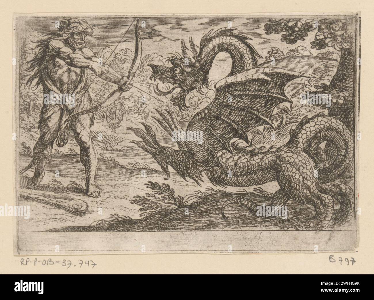 Hercules in Draak Locon, Antonio Tempesta, 1608 print Hercules shoots ...