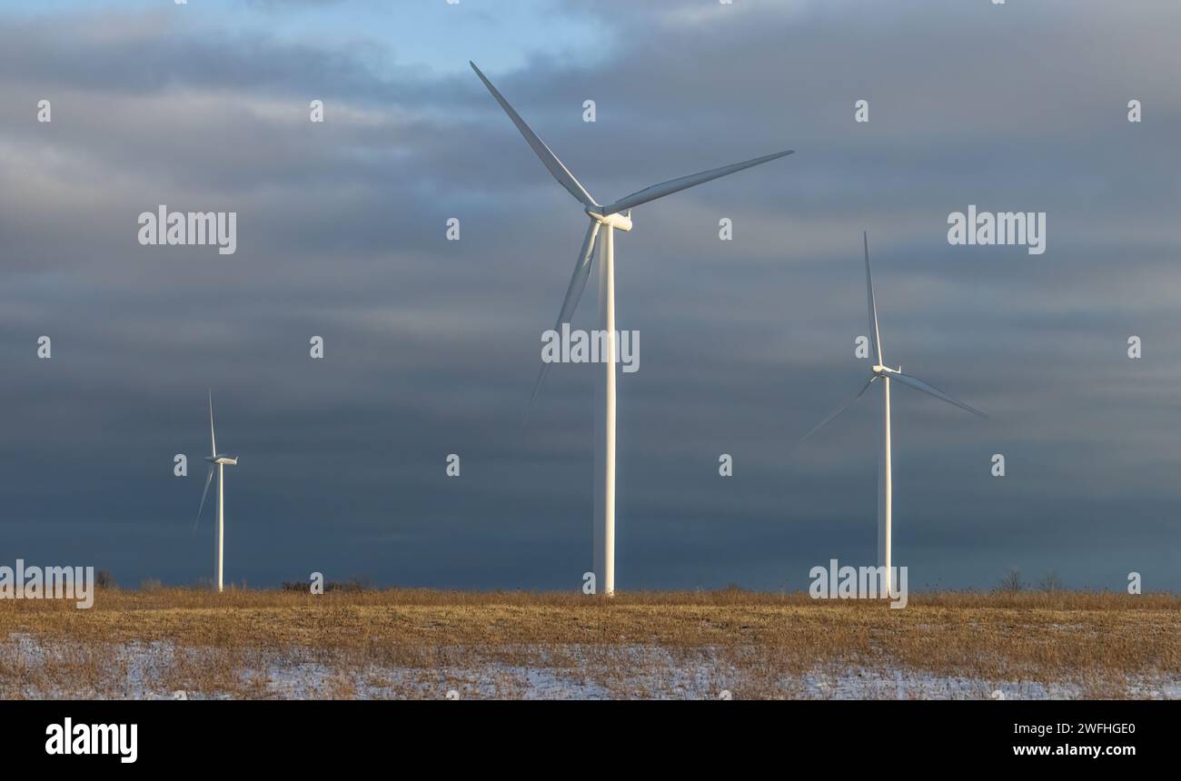Wind turbines in winter on Wolfe Island, Ontario, Canada Stock Photo ...