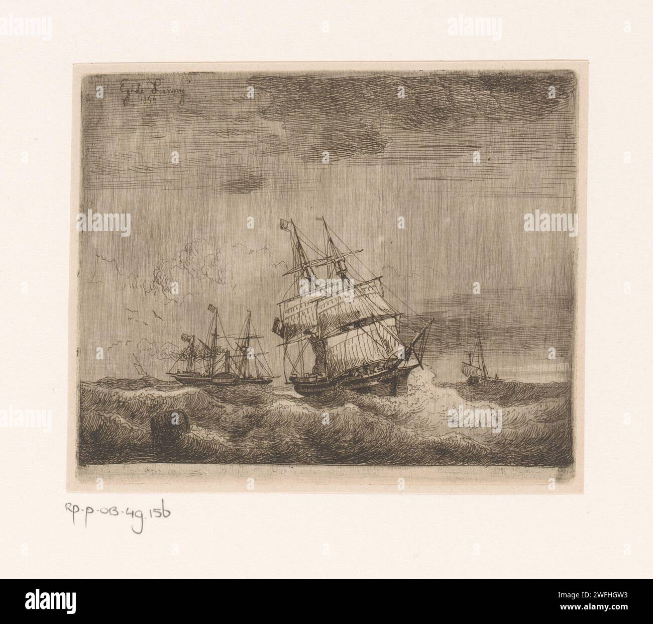 Sailing ships and a paddle steam ship at sea, Egidius Linnig, 1854 ...