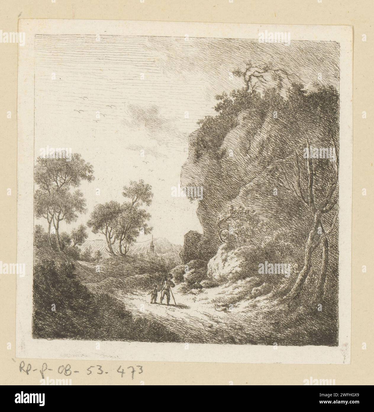 Landscape with man and boy on the road a rock, Johann Andreas Benjamin ...