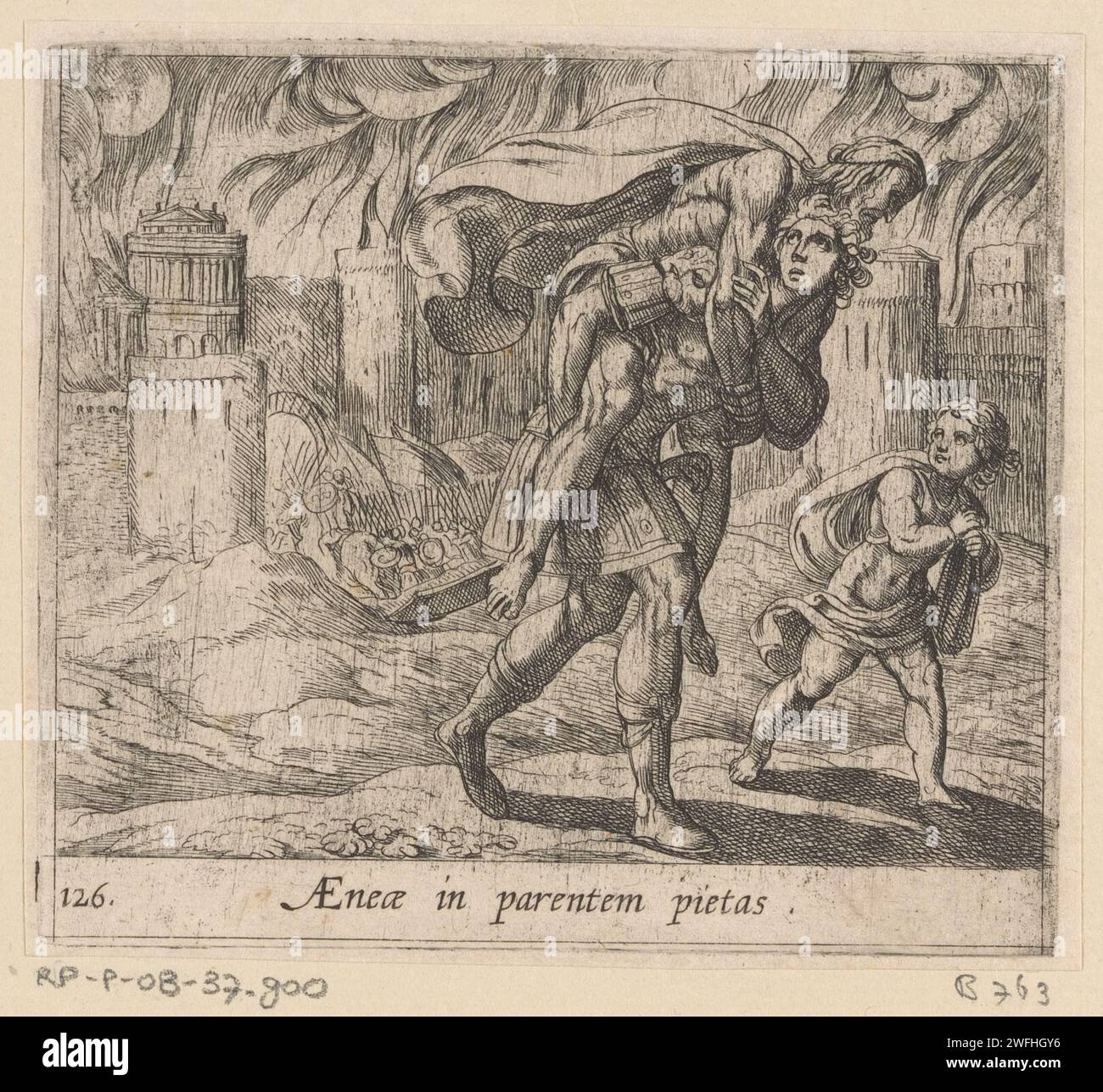 Aeneas flight with his family from Troy, Antonio Tempesta, 1606 print ...