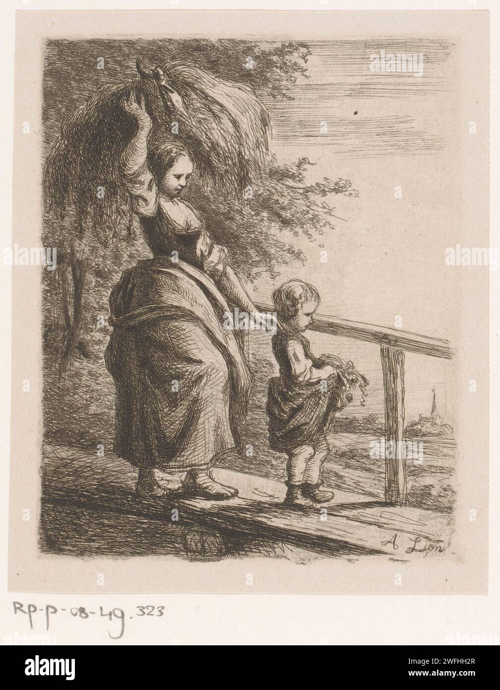 Woman wears hay on the head and leads a child over a wooden bridge, Alexandre Louis Lion, 1833 ...