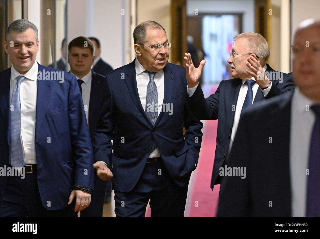 Russian Foreign Minister Sergei Lavrov at an extended meeting of ...