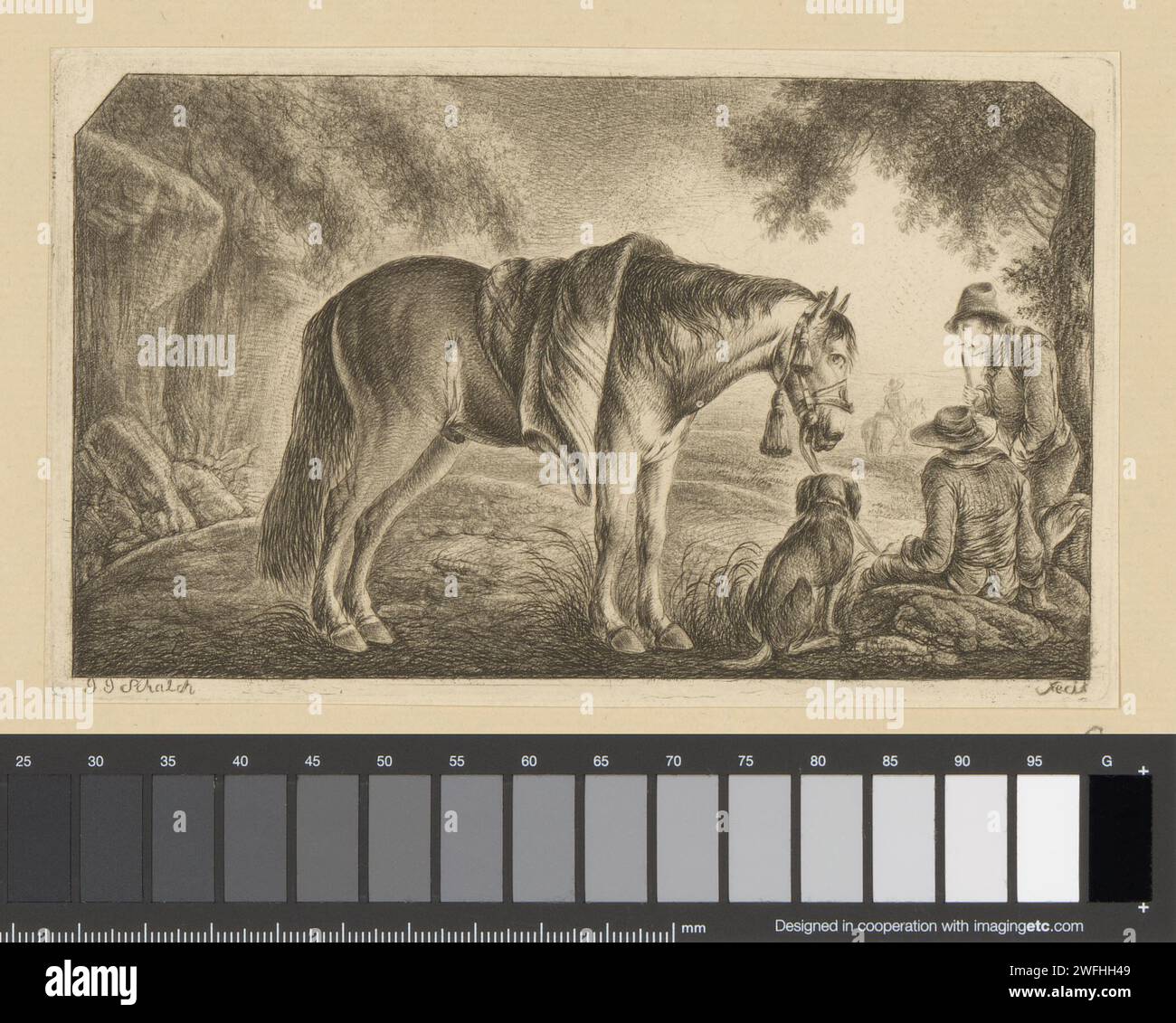 Horse and two men with a dog, Johann Jakob Schalch, 1733 - 1789 print ...