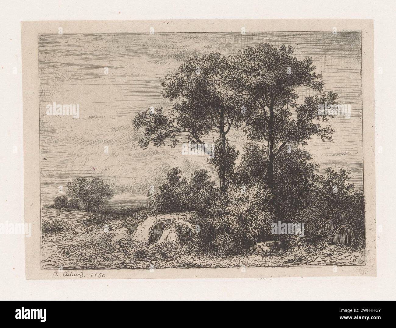 Two trees in the scrub, Jean Alexis Achard, 1850 print France paper ...