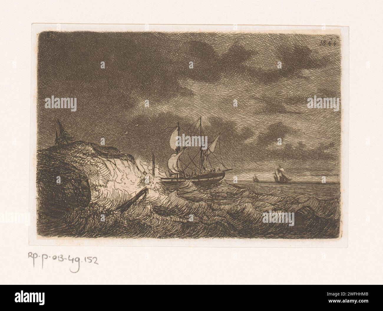 Sailing ship against the coast, Egidius Linnig, 1844 print paper ...