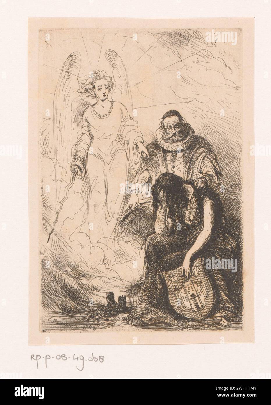 Personification of Antwerp with a curved head, behind it a man with a ...