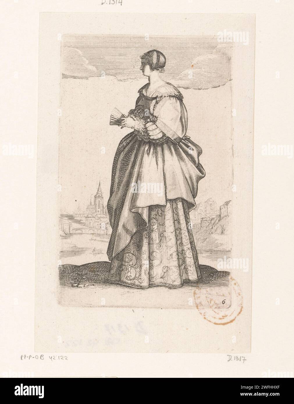 French noble woman with folding range, dressed according to the fashion ...