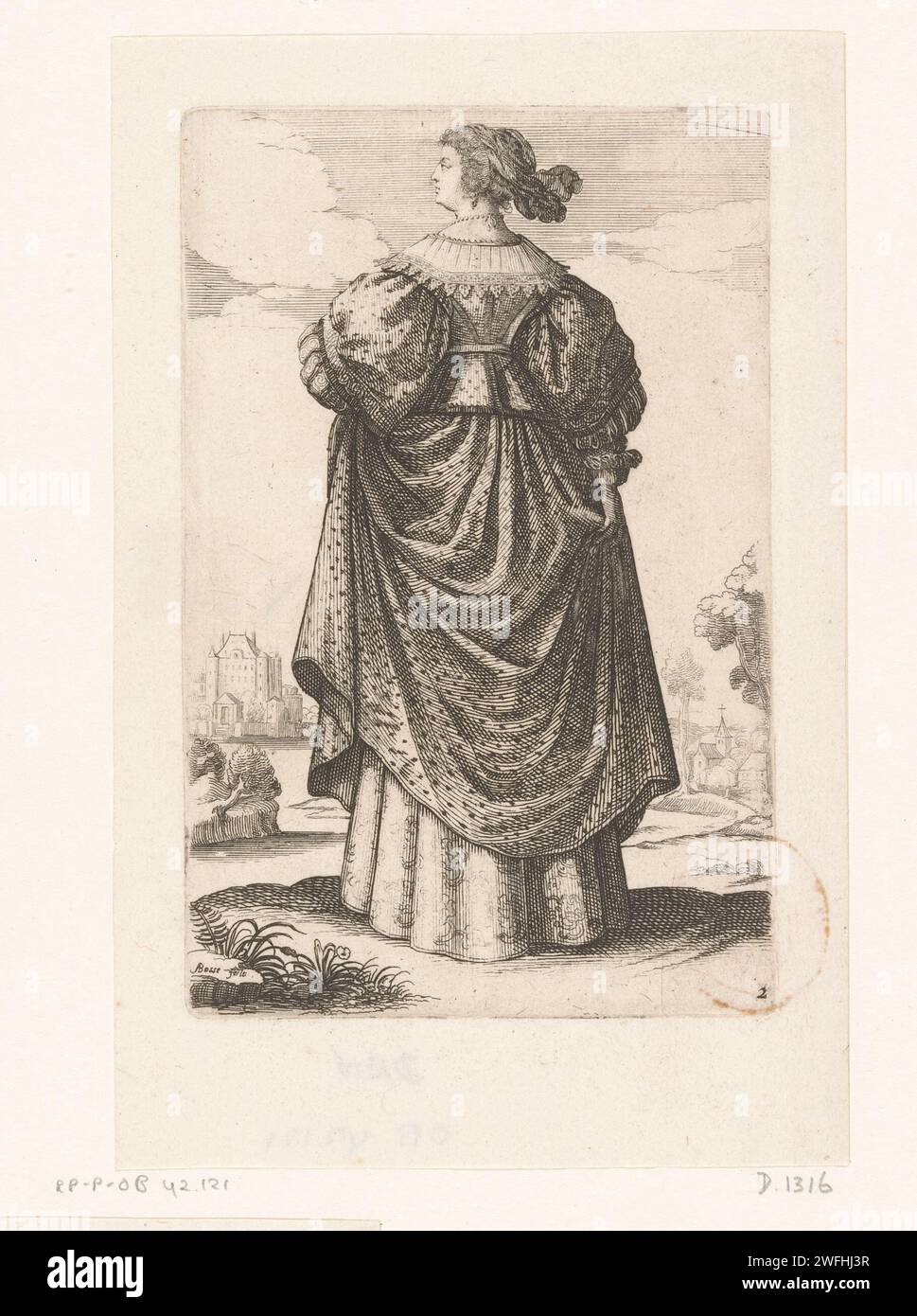 French noble woman, seen on the back, dressed according to the fashion ...