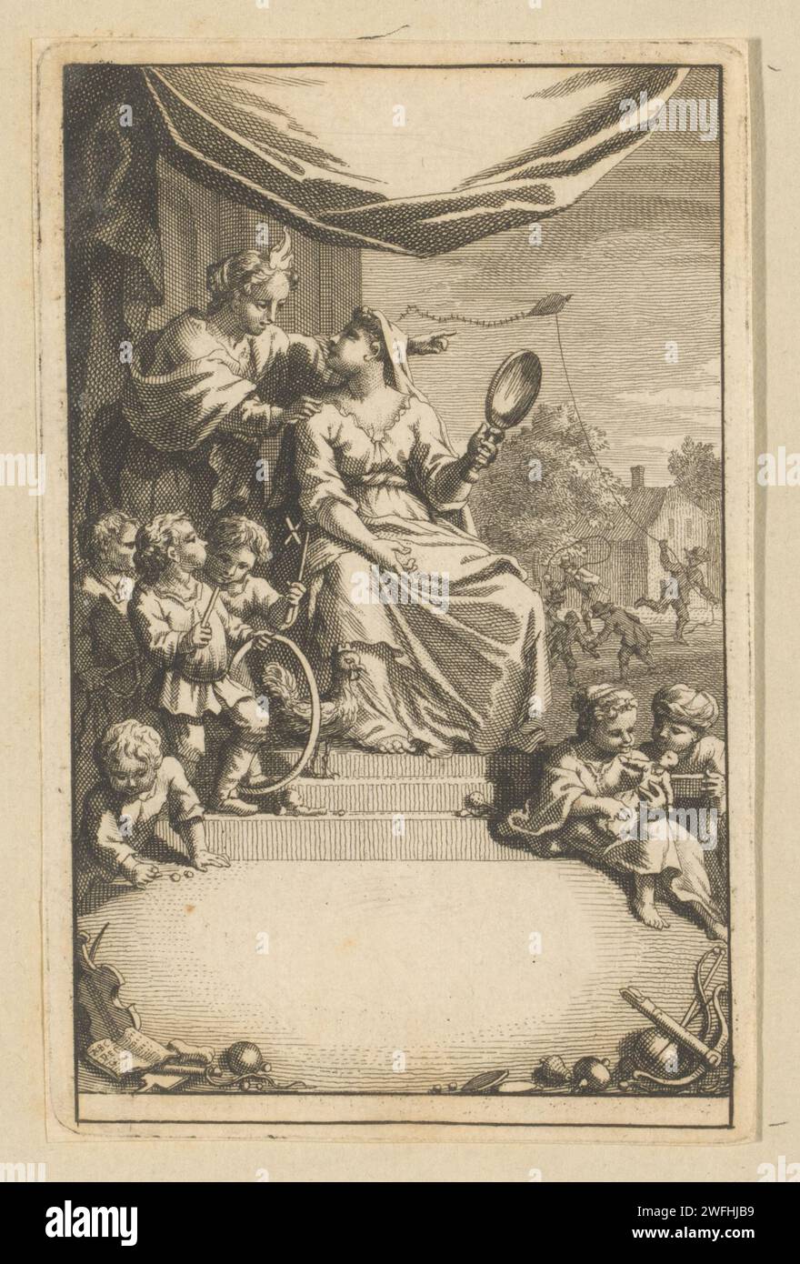 Title print with wife with mirror in hand and children playing at her feet, Jan Luyken, 1659 ...