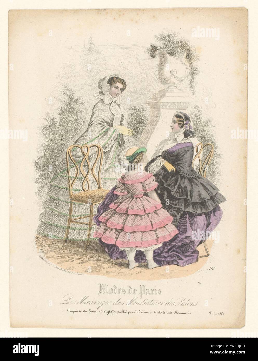 Two Women And A Girl In Paris Fashion In A Garden, Anonymous, 1860 ...