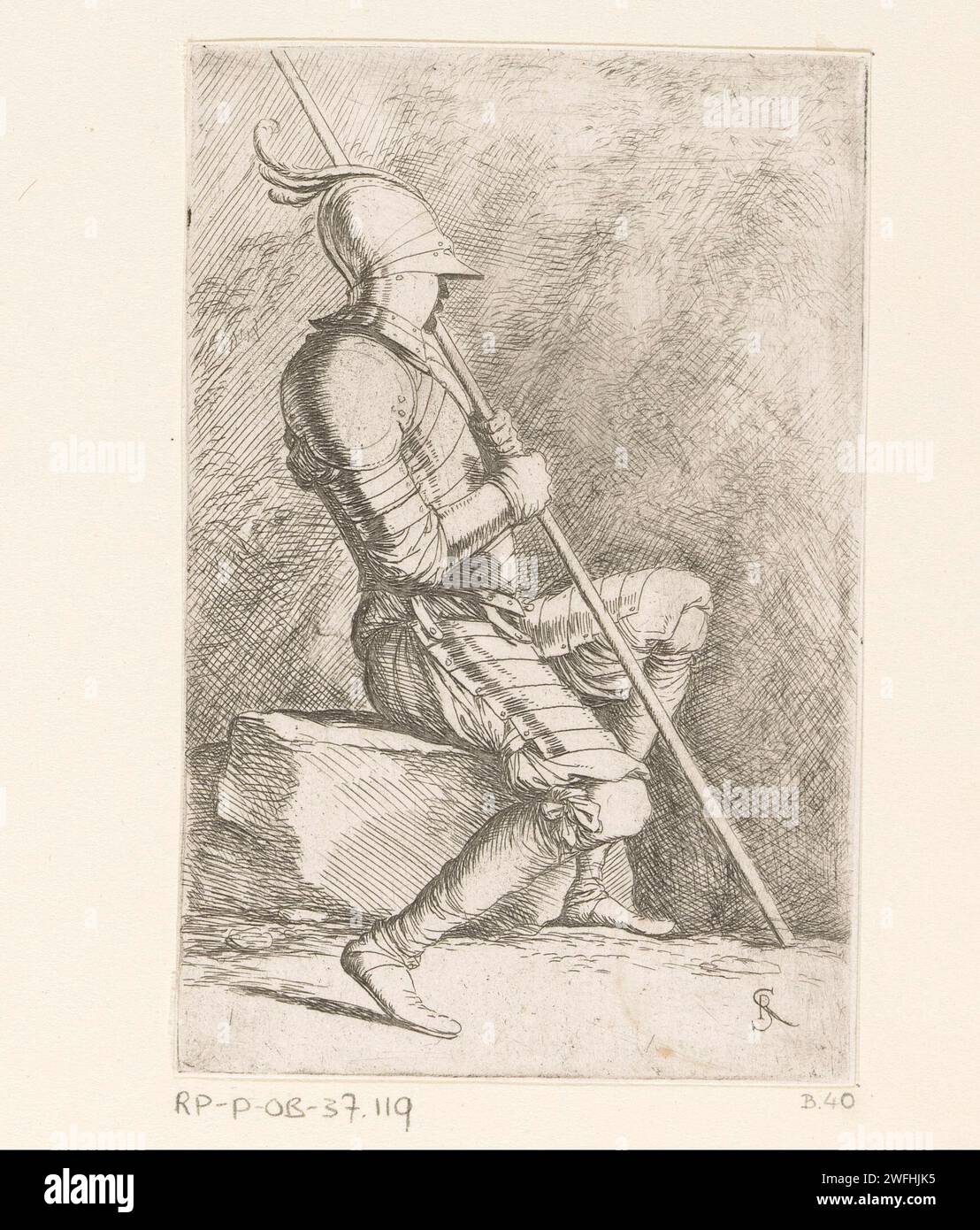 Seated soldier in armor, Salvator Rosa, c. 1656 - c. 1657 print A ...