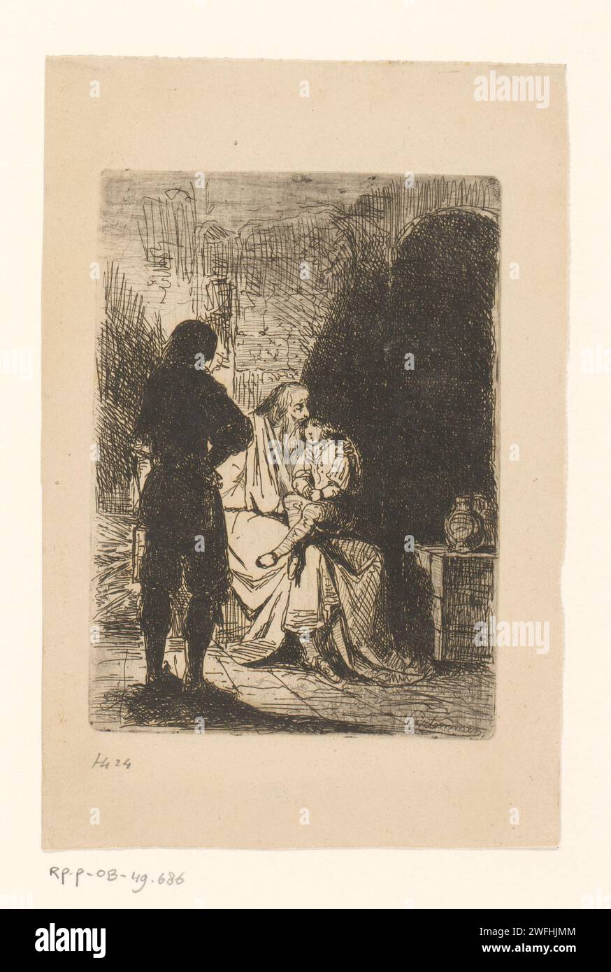 Guard looks at an old man with a child on his lap, Guillaume Joseph ...